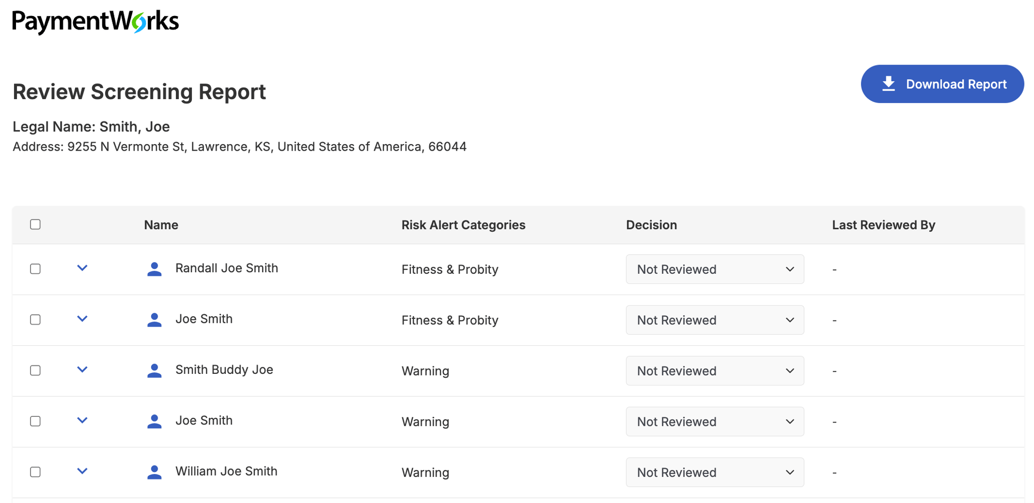 Sanctions and Watchlists Review Screening Report User Interface (UI)